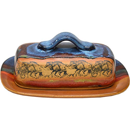 ALWAYS AZUL POTTERY 7.5 Inch by 4 Inch Butter Dish in Wild Horses design and Azulscape Glaze - Handmade Pottery -Decorative Stoneware Butter Dish Dispenser -Countertop Covered Butter Storage Container