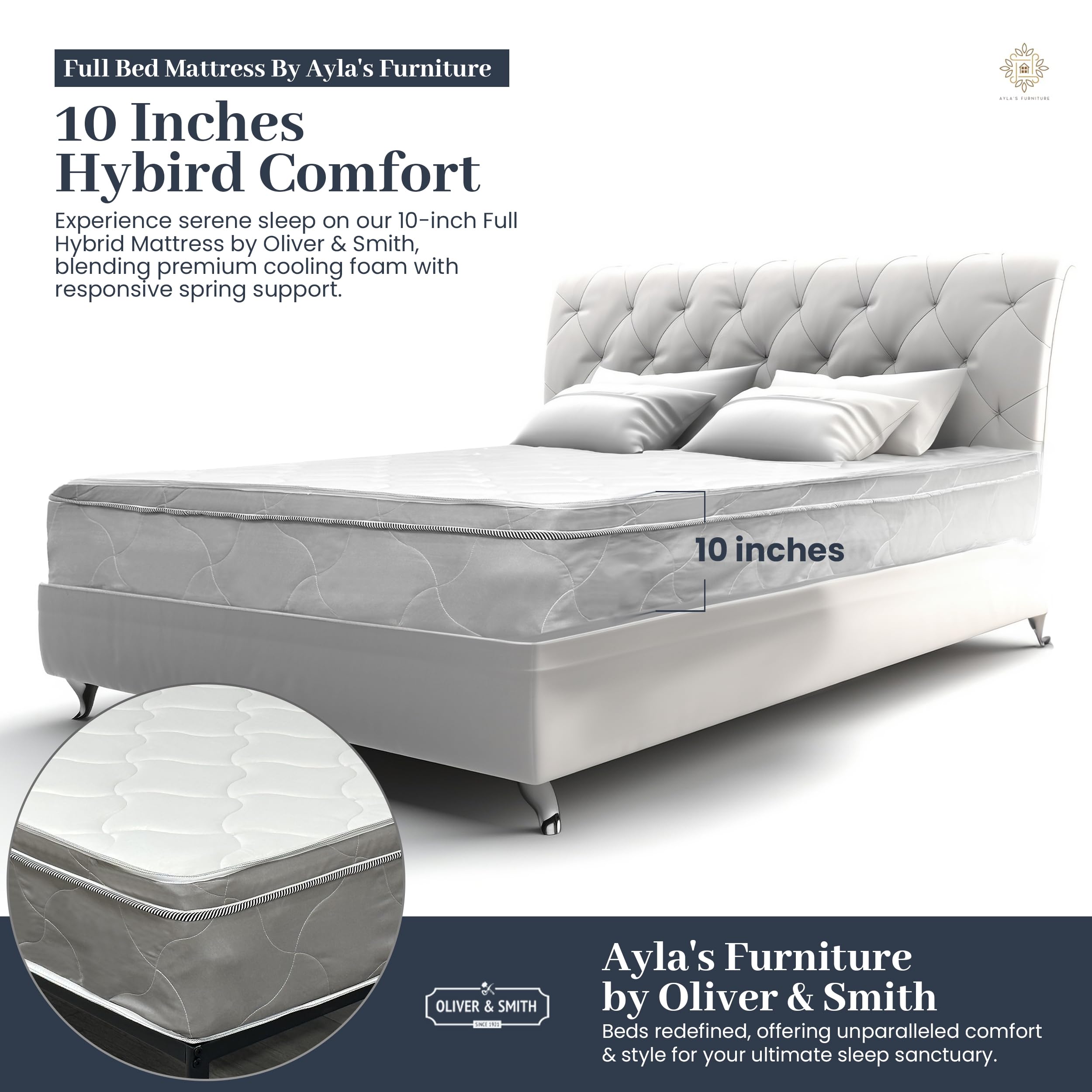Aylas Furniture Full Size Mattress - 10 Inch Hybrid Full Mattress with High Density & Comfort Cold Foam with Continuous Coil Bonnell Springs - Eco-Friendly, Breathable Mattress Full Size Medium Firm