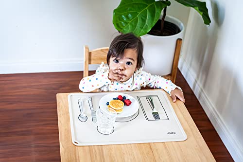 CHAMOS Montessori Placemat for Toddlers - Kids Silicone Mats for Dining Table - Set of 2 - Table Setting Learning (Sage and Beige)
