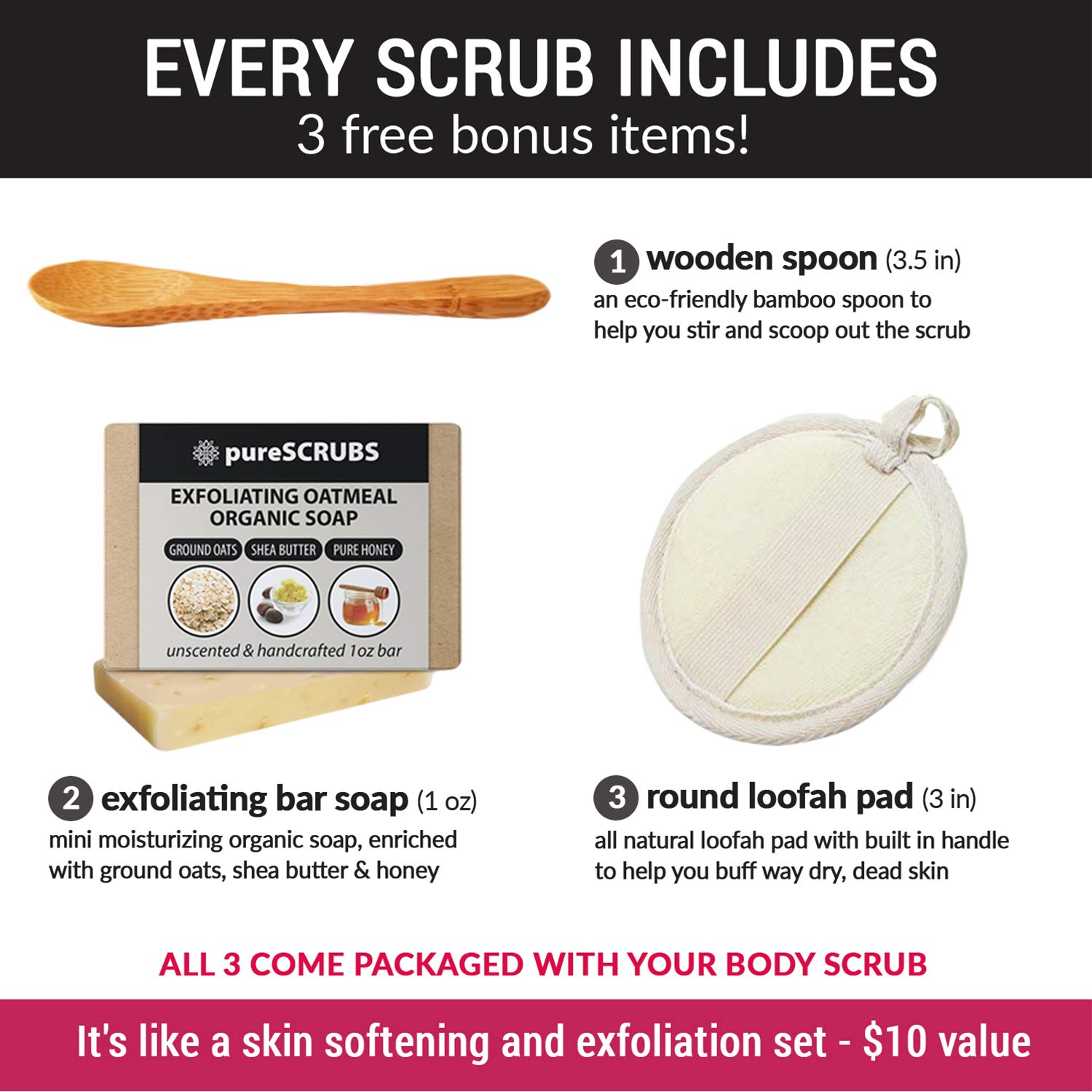 pureSCRUBS Premium Vanilla Brown Sugar Scrub | Face, Feet & Full Body Scrub | Large 16oz Jar Includes Wooden Spoon, Loofah & Mini Exfoliating Bar Soap