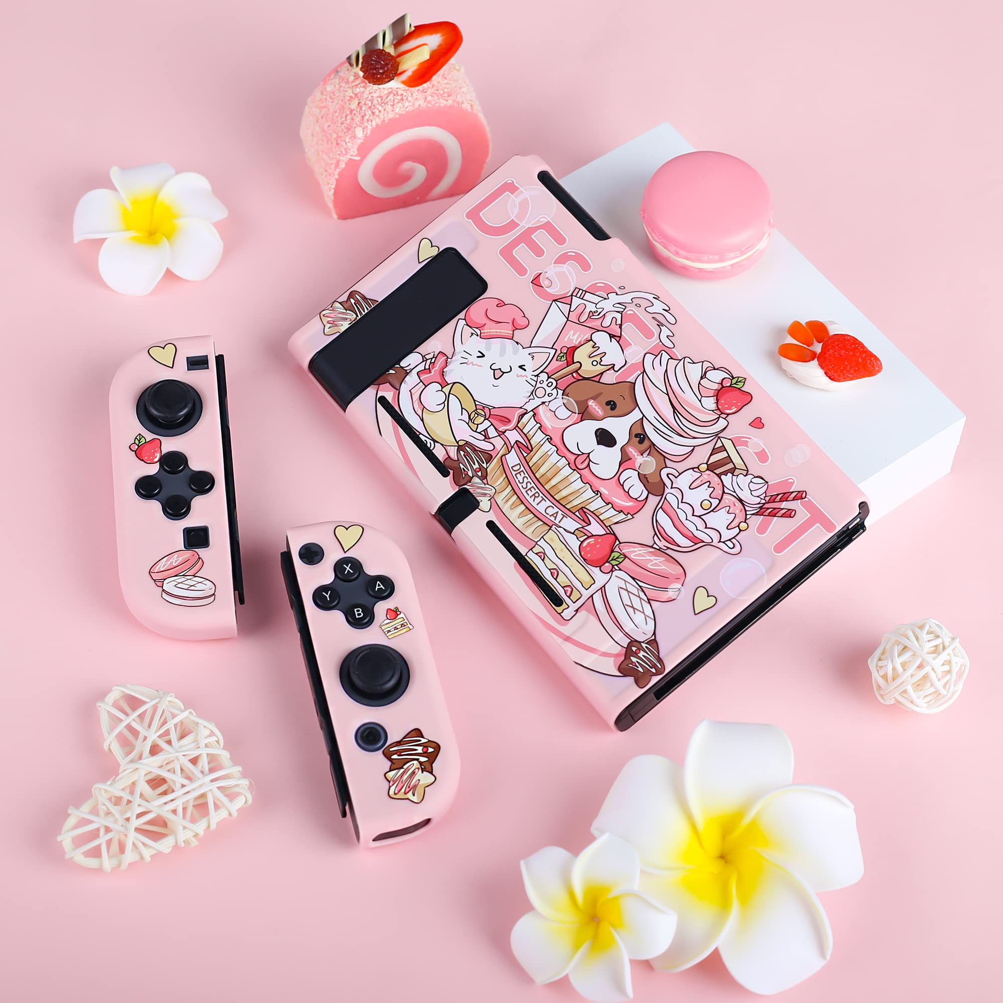 Cute Case for Nintendo Switch, FANPL Soft TPU Protective Cover Compatible with Switch Console and Joy Con Controller, Pink Dockable Shell, Kawaii Switch Skin Accessories - Dessert Cat & Dog Pattern