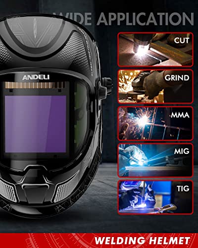 ANDELI Welding Helmet,Panoramic 180° Large Viewing True Color Solar Powered Auto Darkening Welding Helmet with Side View 4 Arc Sensor Wide Shade 4/5-8/9-13 Welder Mask for TIG MIG ARC Grinding Plasma