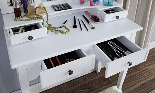 Roundhill Furniture Sanlo Wooden Vanity | Make Up Table and Stool Set | White