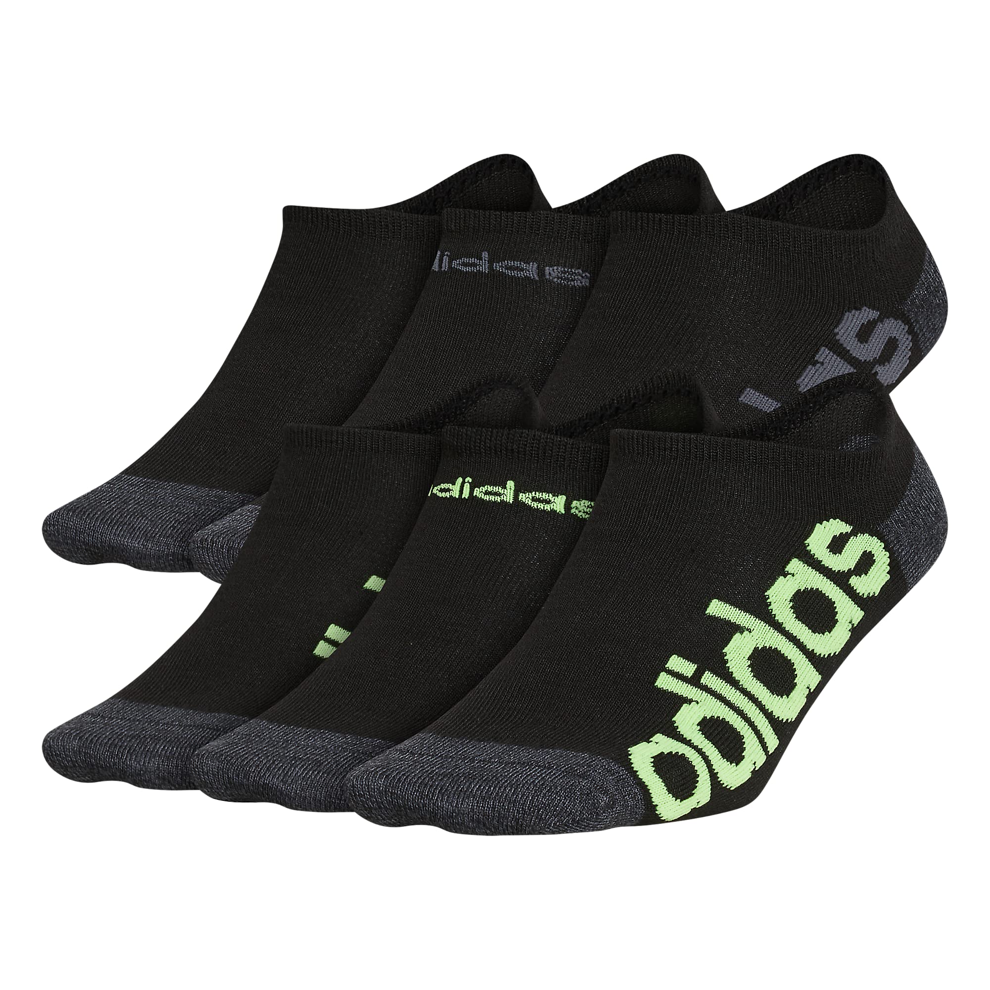 adidas Boys' Youth Superlite Linear 6-Pack No Show, Black/Signal Green/Onix Grey, Medium