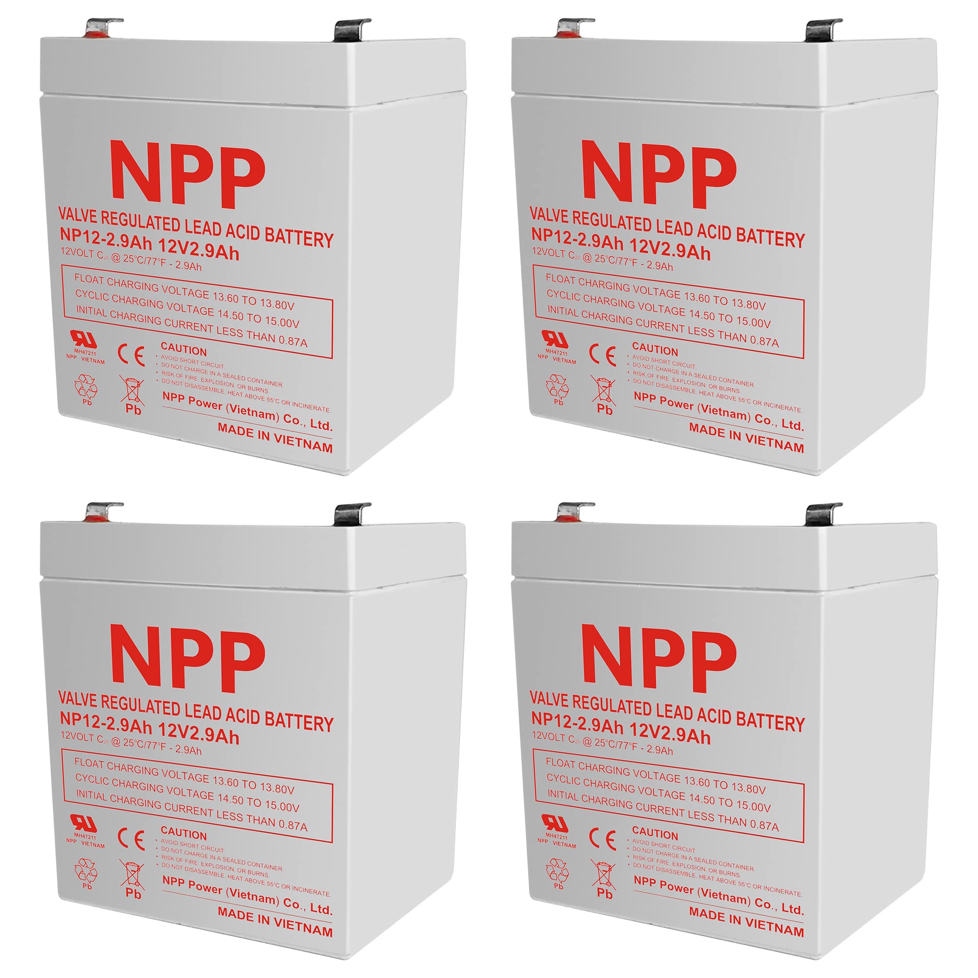 NPP 12V 2.9Ah Rechargeable AGM SLA Battery with F1 Terminals, for UPS, Emergency Light, Alarm Security System etc(4Pcs)