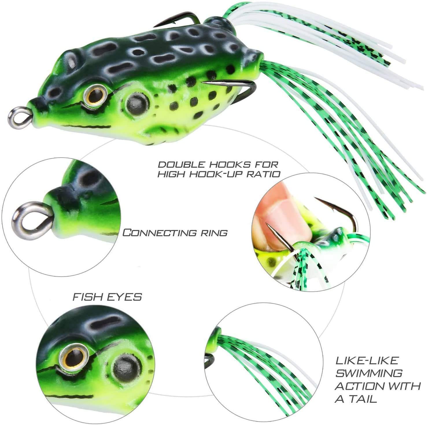 5pcs Frog Topwater Fishing Crankbait Lures Double Sharp Hooks Soft Bait for Bass Salmon Freshwater Saltwater Fishing with Tackle Box
