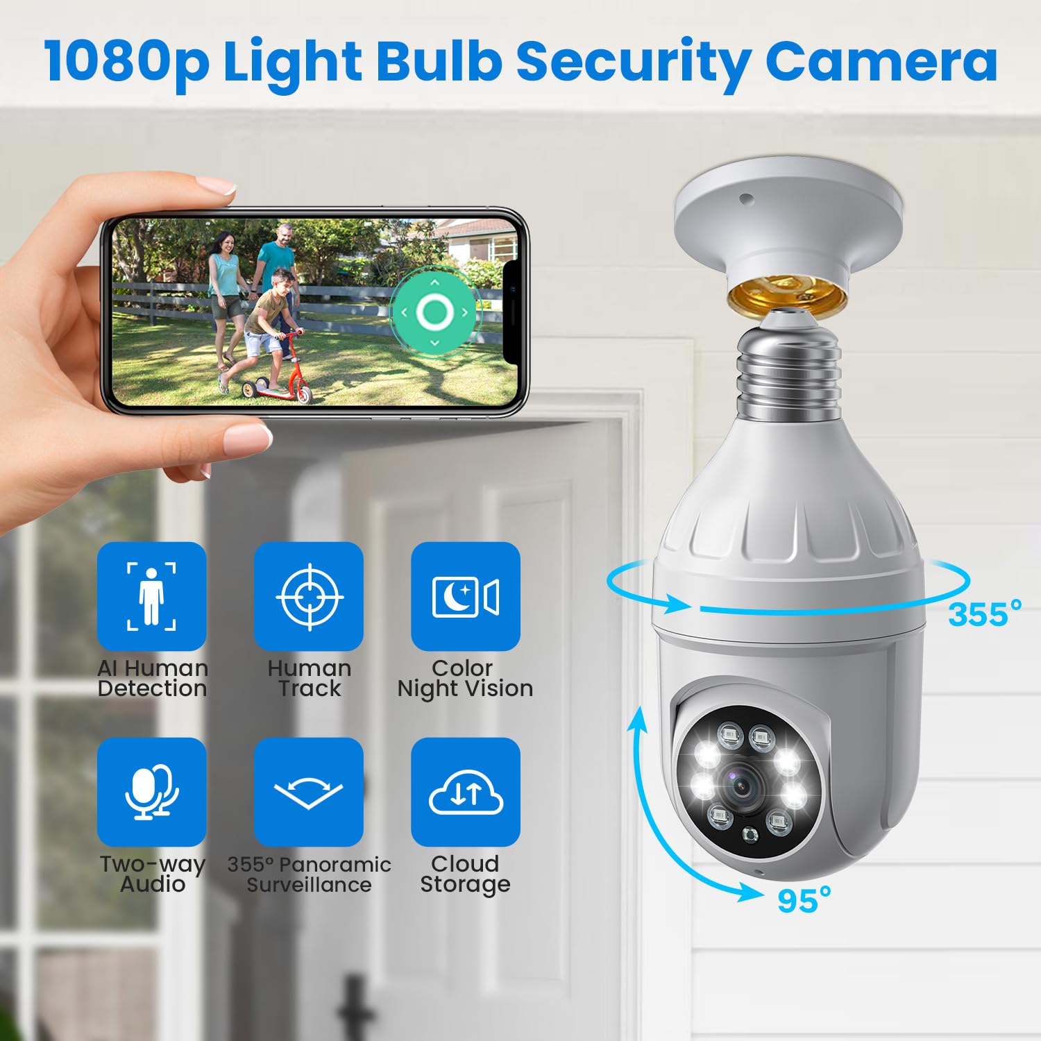 ALPHAPEACH 1080P Smart Light Bulb Home Security Camera Outdoor, Color Night Vision, AI Human Detection, 2-Way Audio, Cloud Storage, 355-degree Rotation, Indoor Surveillance, 2.4GHz WiFi