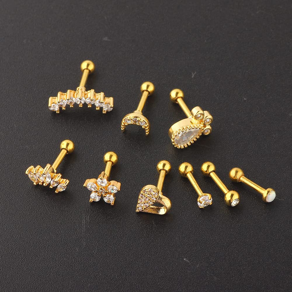 9Pcs Stainless Steel Cartilage Stud Earrings Set Moon Heart Barbell Helix Tragus CZ Moon Belly Button Ring,Lip Ring,for Women Men Ear Body Piercing Jewelry-Gold
