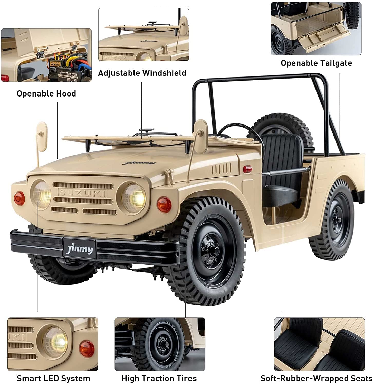 FMS 1/6 Jimny LJ10 RC Crawler RC Car Official Licensed Model Car 15km/h 4WD Hobby RC Crawler RC Cars RS Remote Control Car with LED Lights Vehicle 4-Ch 2.4GHz Transmitter for Adults Tan