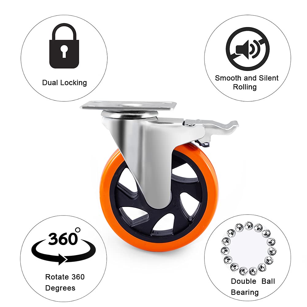 5" Swivel Plate Casters Wheels with Screw Safety Dual Locking and Polyurethane Foam No Noise Wheels,Heavy Duty-550 Lbs Per Caster