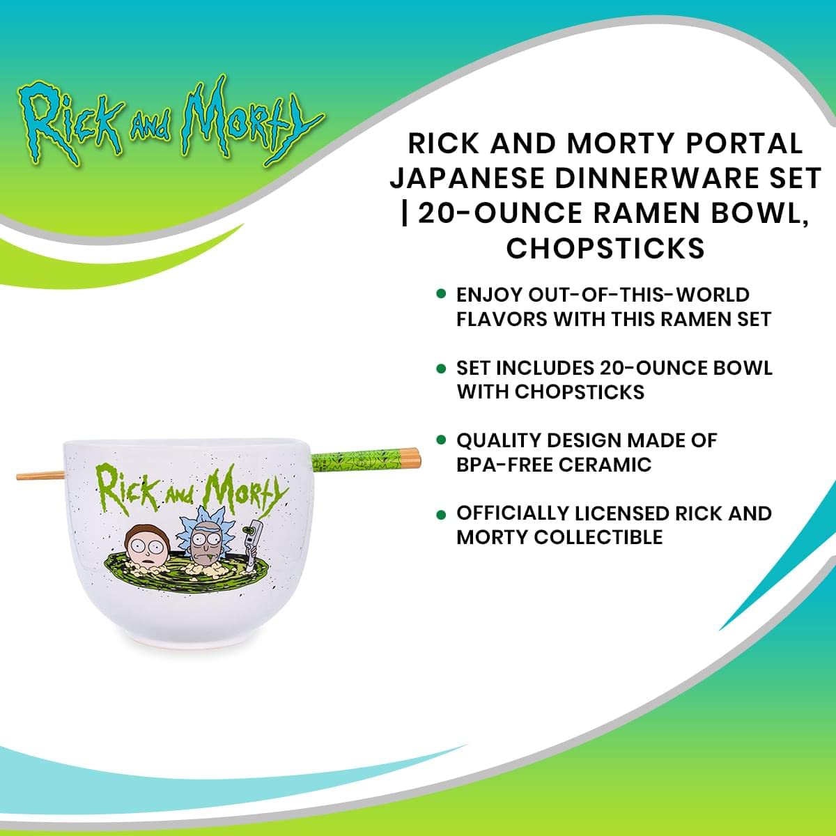 Silver Buffalo Rick and Morty Portal Japanese Ceramic Dinnerware Set | Includes 20-Ounce Ramen Noodle Bowl and Wooden Chopsticks | Asian Food Dish Set For Home & Kitchen