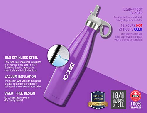 ICONIQ 17 oz Stainless Steel Vacuum Insulated Water Bottle with Pop Up Straw Cap, 17 Ounce (Gloss Purple/Gray)