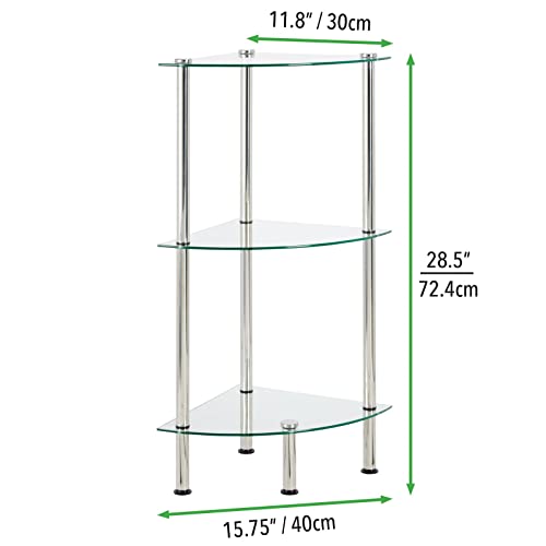 mDesign Bathroom Floor Storage Corner Tower, 3 Tier Open Glass Shelves - Compact Shelving Display Unit - Multi-Use Home Organizer for Bath, Office, Bedroom, Living Room - Clear/Chrome Metal