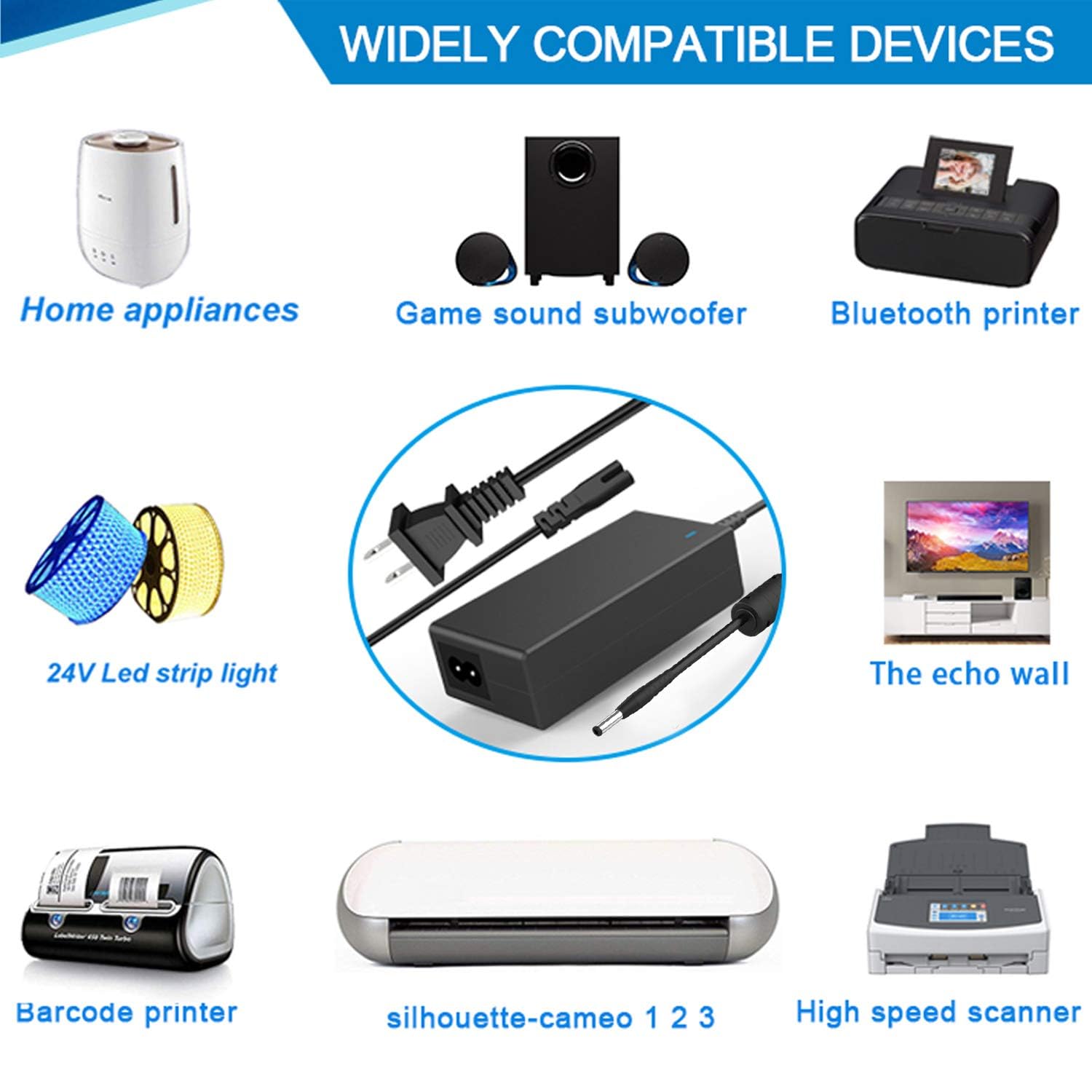 TOP-SPEED 24V 2.5A AC DC adapter 60W power supply, used for LED light bar, speaker system, sound bar, humidifier, 3D printer, LCD display, compatible with 24V 0-2500mA equipment.