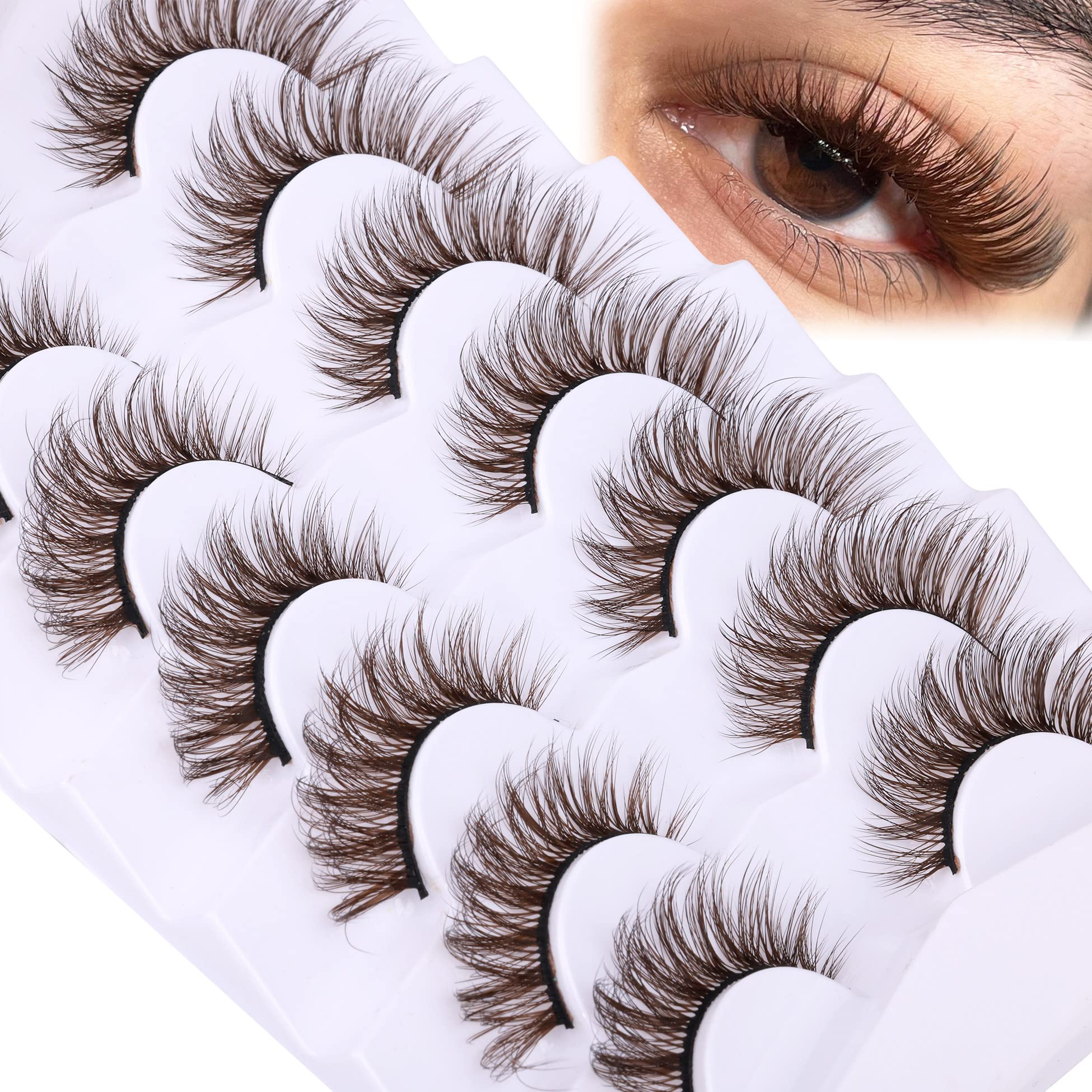 ALPHONSE Brown Lashes Strip, Dark Brown Colored False Lashes Extensions, Natural Look Short Wispy D Curl Brown Eyelashes 7 Pairs Pack