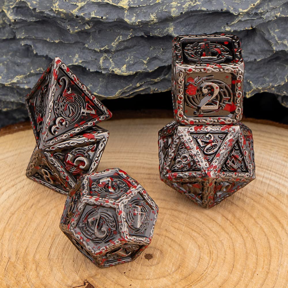 D&D Dice Set for Dungeons and Dragons, RUNFNG 7PCS Metal DND Dice Set D20 D12 D10 D8 D6 D4 D%, Blood Spatter D and D Polyhedral Dice Set for RPG Role Playing Table Game, Warhammer with Gift Box…