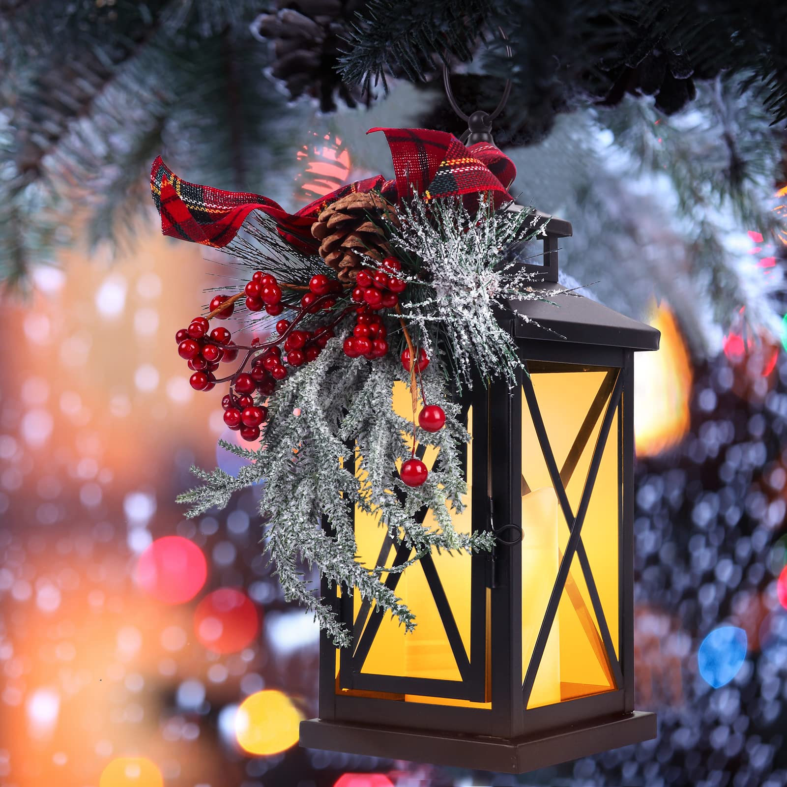 Christmas Candle Lantern 14Inch, Christmas Lanterns Garden Flashing Candle Light, Decorative Hanging Lantern for Indoor Home Tables and Fireplaces Outdoor Patios