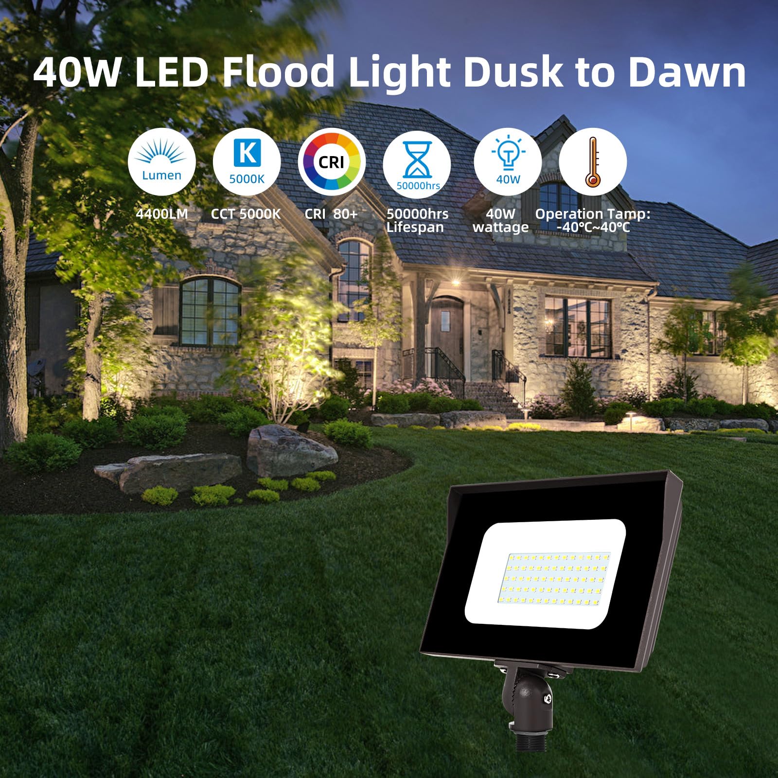 Tesoorda 120W LED Wall Pack Light with Dusk to Dawn Photocell and LED Flood Lights Outdoor, 40W LED Flood Light with Knuckle