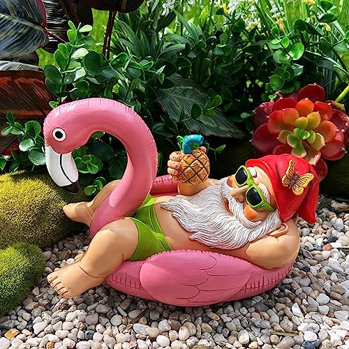 Mood Lab Garden Gnome on Flamingo - Funny Gnome Figurine - 8 Inch Depth Lawn Statue - for Outdoor or House Decor