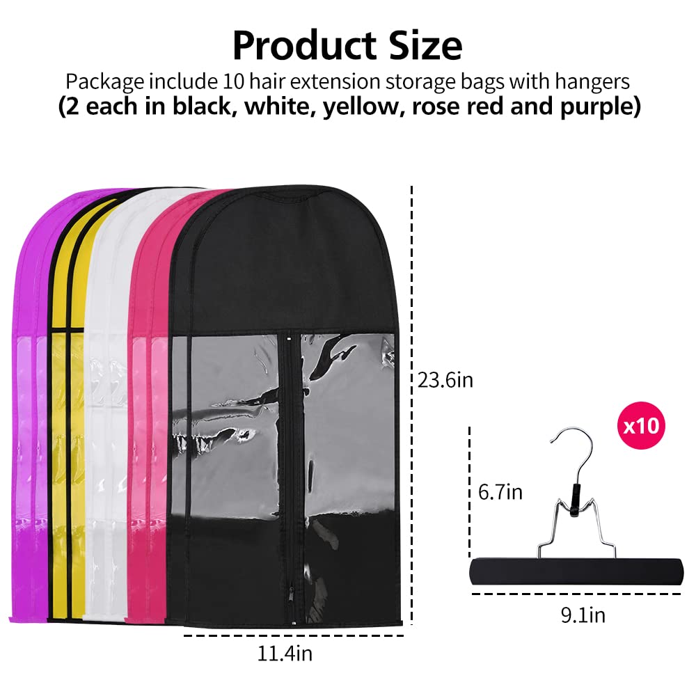 Hair Extension Storage Bag, 5 Pack /10 Pack/ 20 Pack Hair Extension Holder with Hanger, Strong Portable Hair Extension Hanger, Dustproof Portable Suit with Transparent Zip Up Closure, for Store Style Human Hair(10pcs Hair Storage Bag)