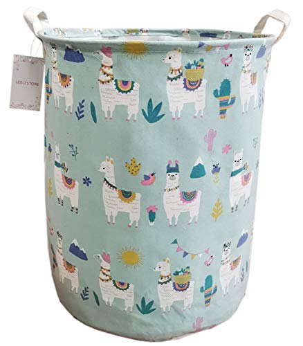 LEELI Laundry Hamper with Handles Collapsible Canvas Laundry Basket,Waterproof Storage Basket Home Organizer for Nursery,Clothes,Toys,Baby Hamper19.7×15.7(Blue Llama)