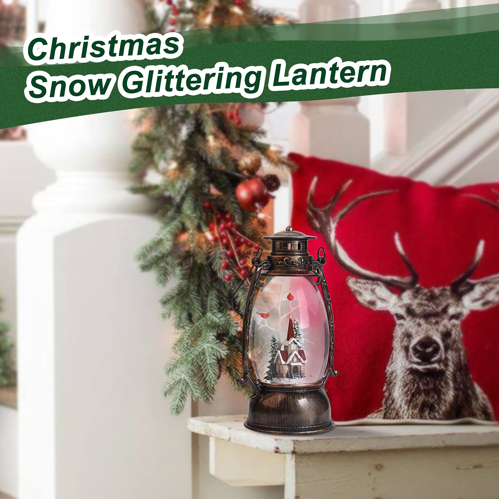 Christmas Snow Globe Musical Snow Globes Christmas Lantern Glitter Lantern Christmas Snowglobe Lighted Church Cardinal Scene 6H Timer 3AA Battery Operated Snowglobe USB for Home Decoration Gift