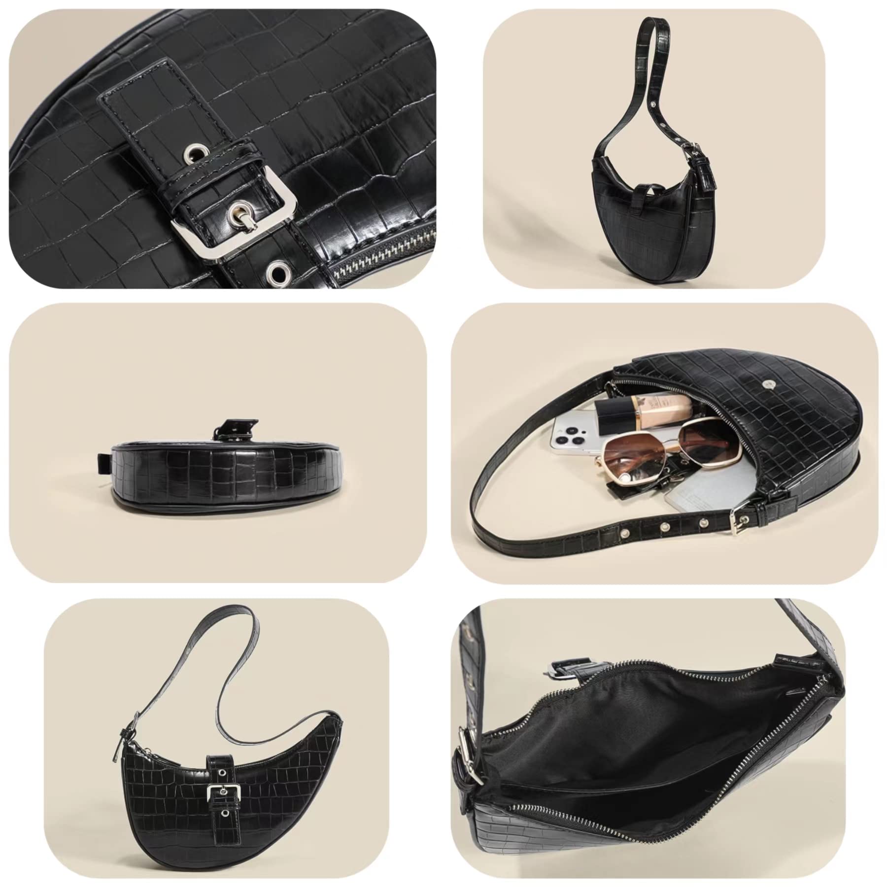 FONETTOS Y2K Saddle Hobo Bag, Women Shoulder Purse Moon Bag Handbag Fashion for Girls