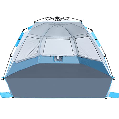 ABCCAMPING Beach Tent Instant Pop up Sun Shade Shelter for 4-6 Person with UV Protection,Extended Floor,3 Mesh Roll Up Windows with Carry Bag, Sandbags, Stakes(Sky Blue)