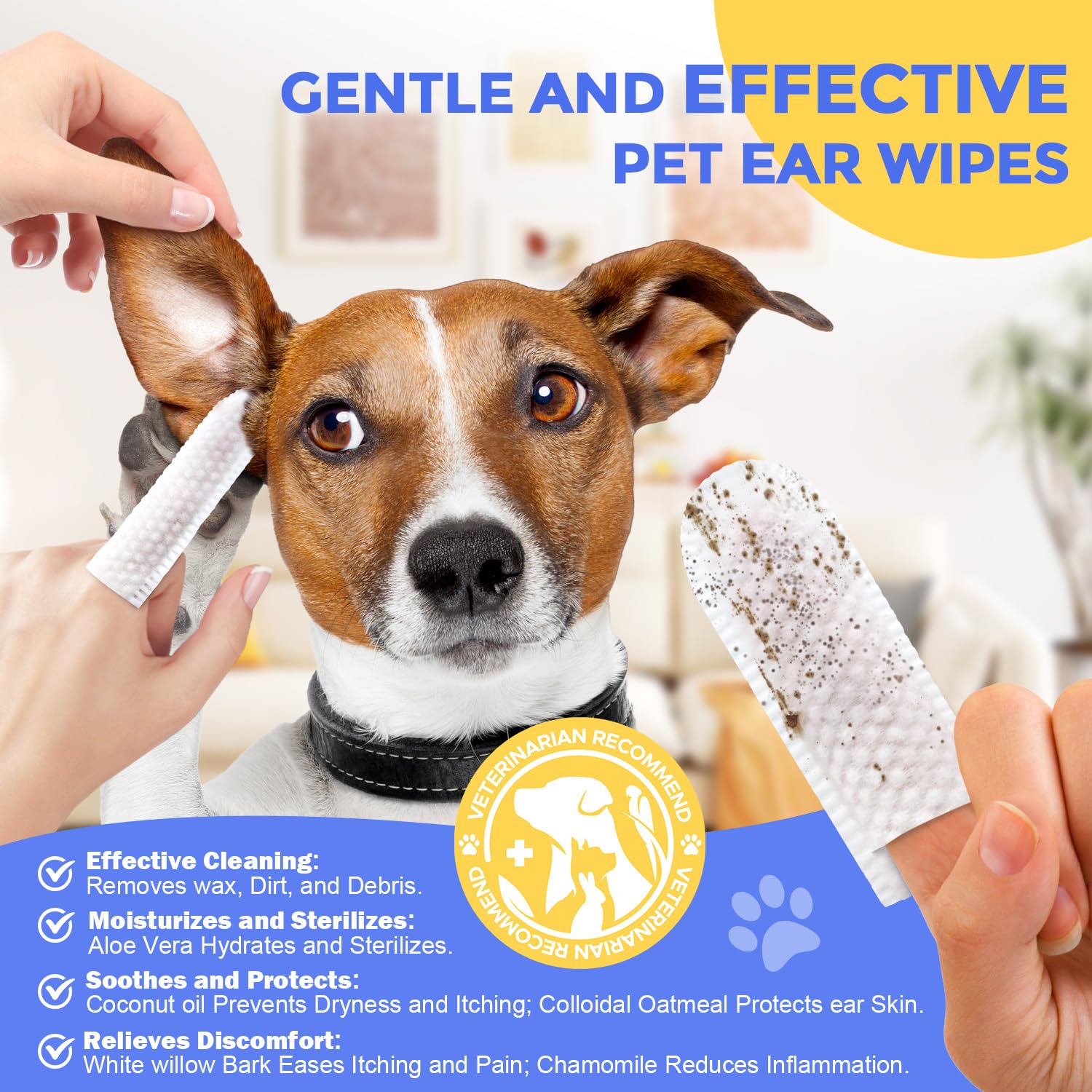 PUPMATE Ear Finger Wipes for Dogs & Cats - Cleaning Earwax & Debris - Relieves Ear Itching & Discomfort - Fresh Aloe Scent - Sooths & Repair, Natural Ingredients-100 Count
