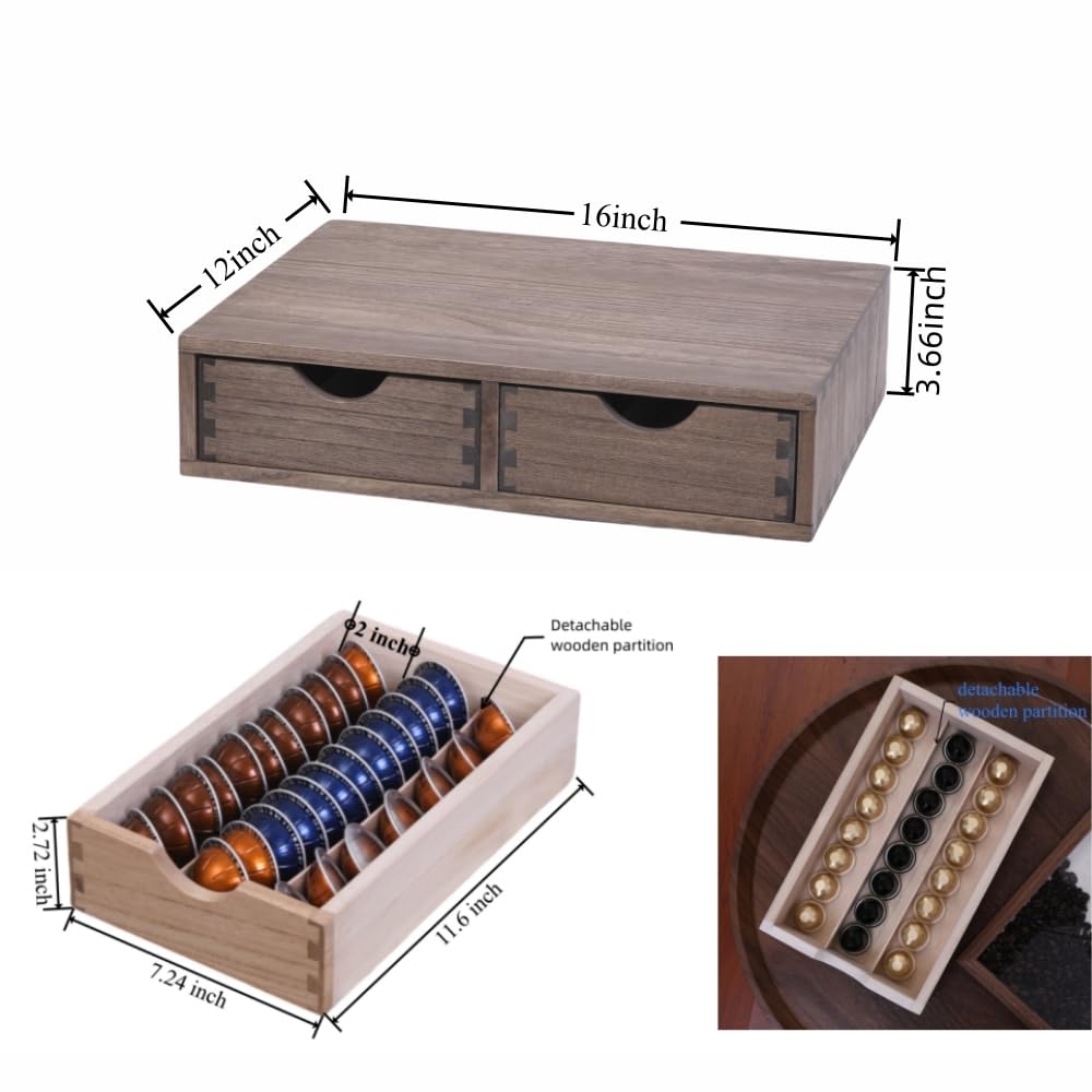 DDYURI Coffee Pods Storage Drawer Holder for Capsules - Multi Functional Desk Organizer Drawers For K-Cup Coffee Maker Brew - Kitchen Mini Wooden Box Chest Sideboard Counter Organization CF1D2C Dark