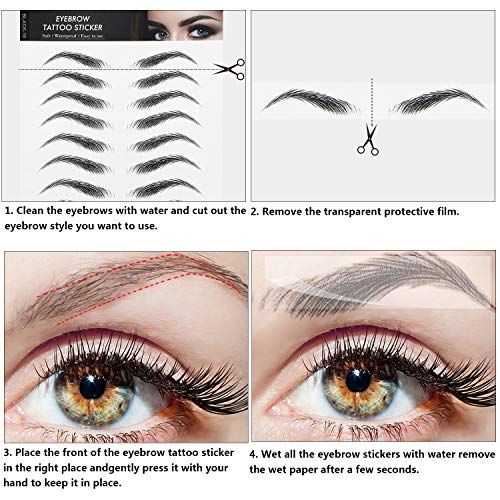 6 Sheets 4D Hair-Like Waterproof Eyebrow Tattoos Stickers Eyebrow Transfers Stickers Temporary Brow Tattoo Peel Off Grooming Shaping Eyebrow Sticker in Arch Style, 66 Pairs Black (High Arch Eyebrow)