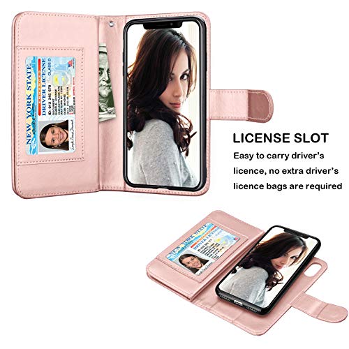 NJJEX Wallet Case for iPhone XR, for iPhone XR Case, PU Leather [9 Card Slots] ID Credit Holder Folio Flip Cover [Detachable][Kickstand] Magnetic Phone Case & Lanyard for iPhone XR 6.1" [Rose Gold]