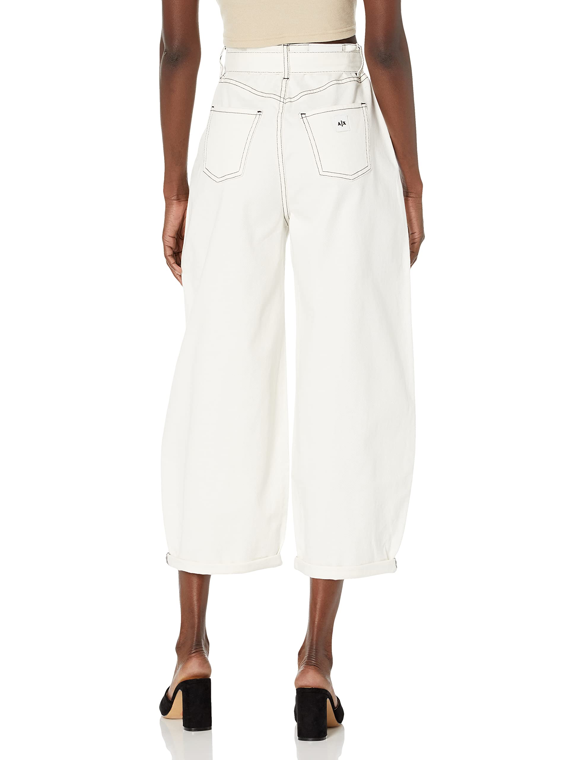 A | X ARMANI EXCHANGE Women's Light Wash Belted Wide Leg Jeans, White Denim, 32
