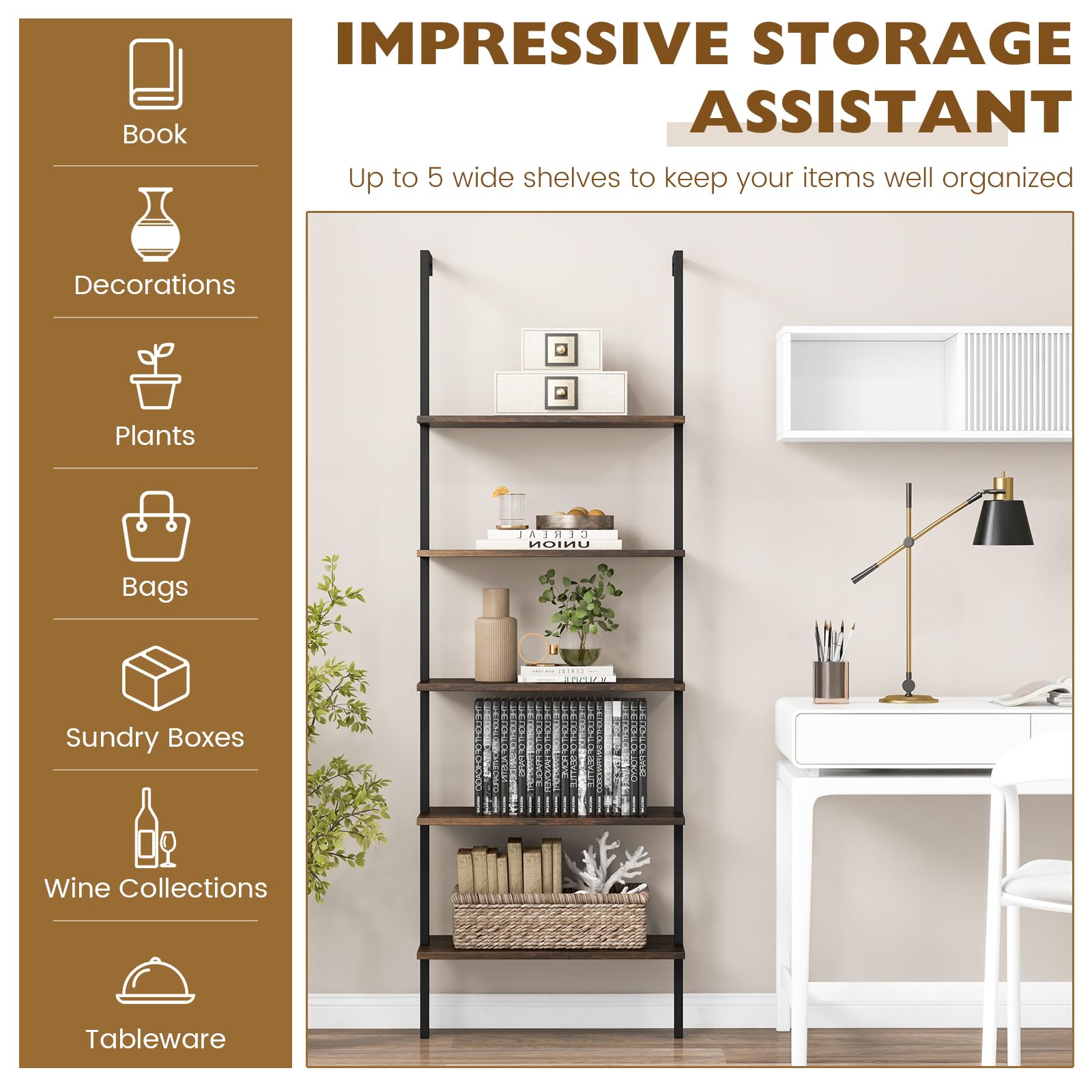 Tangkula 5-Tier Bookshelf, Modern Wall Mounted Ladder Shelf, 5 Tiers Wood Wall Open Bookcase with Metal Frame, Home Office Display Storage Shelves for Collection, Plant Flower Stand (1, Brown)