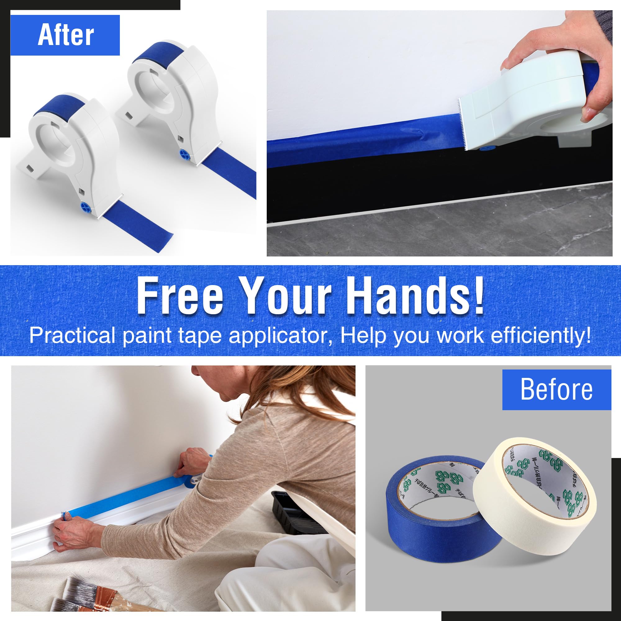 Hohean 1 Pack Masking Paint Tape Applicator Each 1.4 Inch Painters Tape, Portable Masking Set Sharp Tape Cutter for Painting, Trim, Windows, and Door Frames (White)