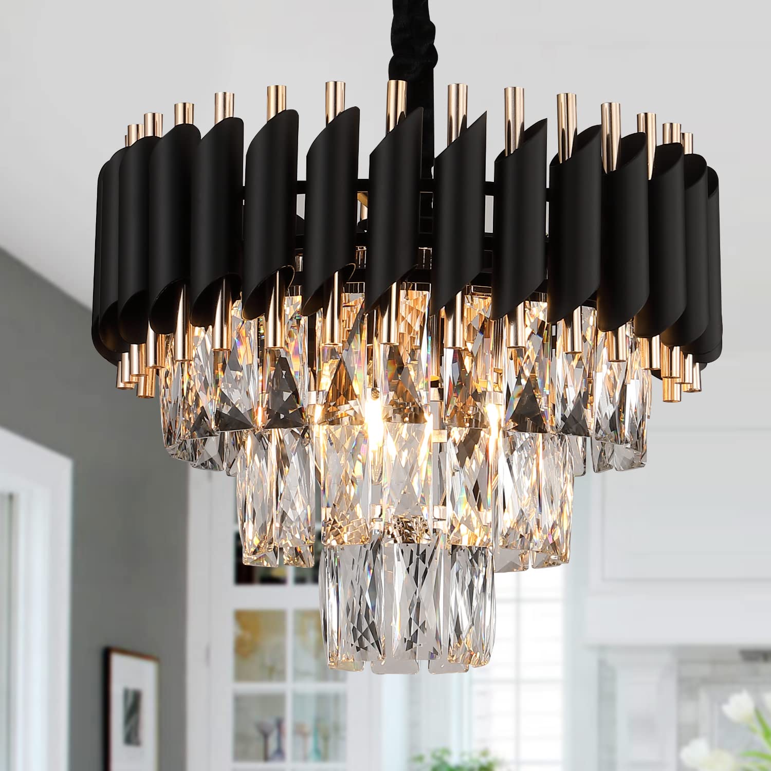 A AXILIXI Modern Crystal Chandeliers 3 Tiers Black and gold Pendant Light Fixtures 16” Round Flush Mount Chandeliers Ceiling lighting Dimmable for Living Room Dining Room Foyer Bedroom Kitchen