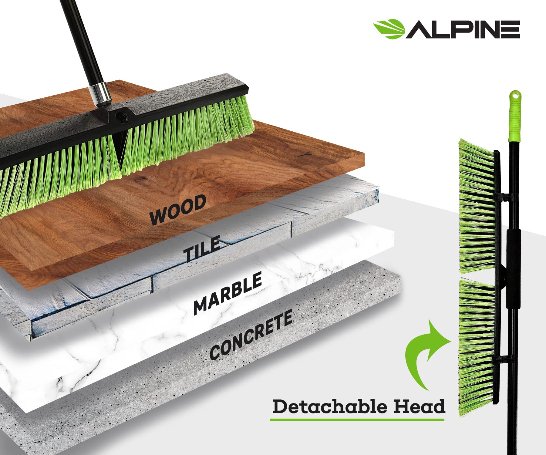 Alpine Industries Push Broom Heavy Duty Smooth Surface Broom Deck Scrubber Long Handle Commercial Floor Scrub Broom Cleans Dirt, Debris, Sand, Mud, Leaves and Water (Green, 24 in)