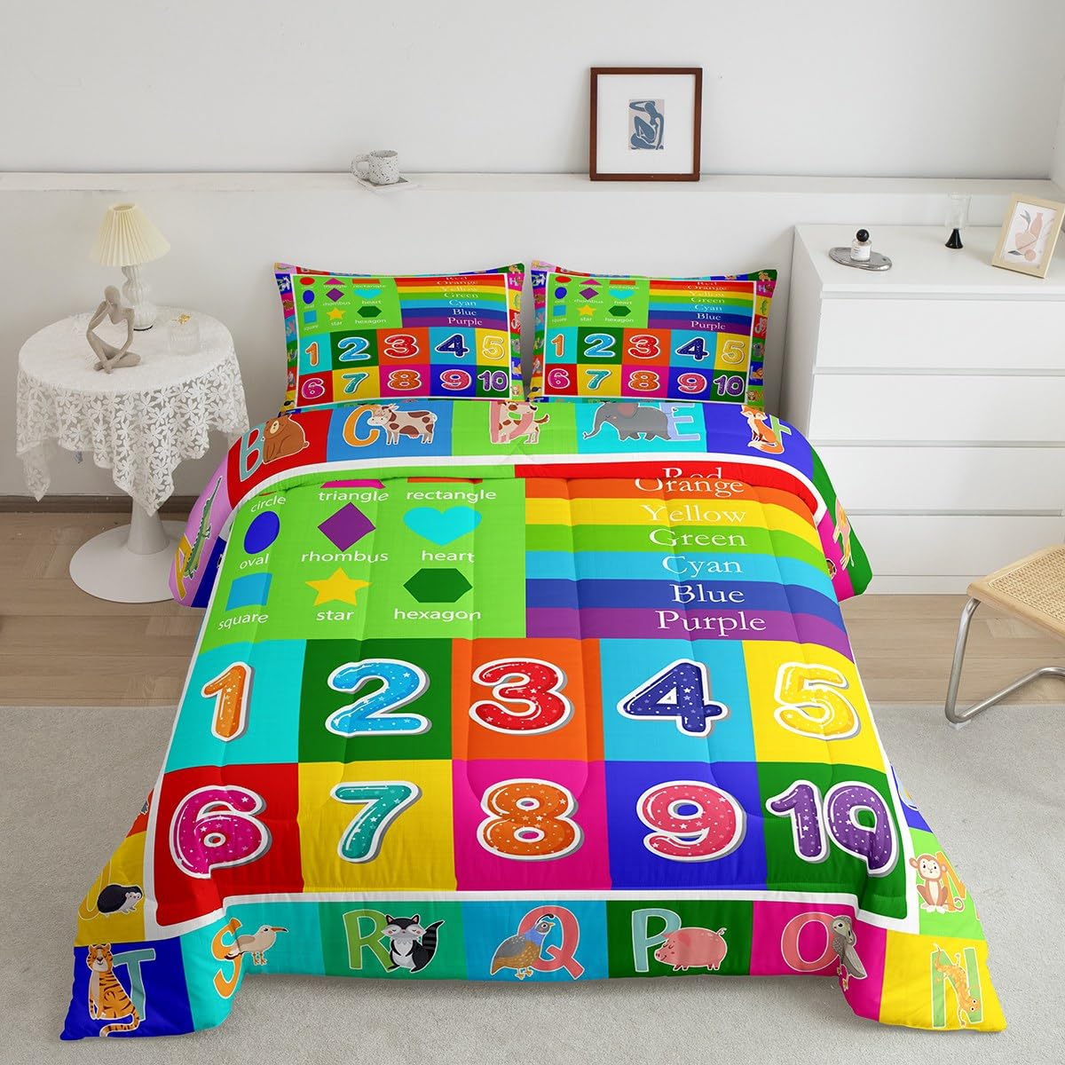Number Cartoon Map Bed Comforter Set Queen Size,Watercolor Painted Print Super Soft Microfiber Bedding Set for Adults Teens,Preschool Children Game Design Comforter Set,2 Pillowcases