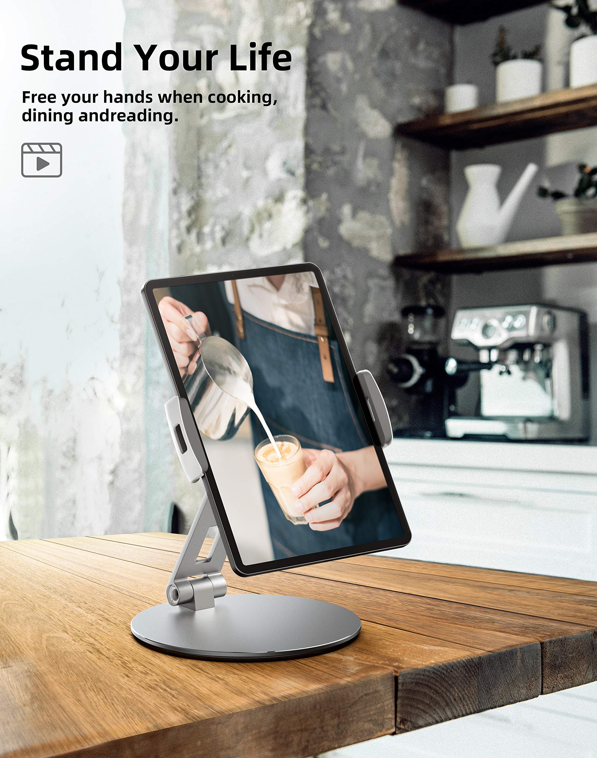 Stouchi Tablet Stand, 360°Tablet Swivel Base Holder Galaxy Tab S8, Adjustable Desk Mount for iPad Mini 2021,Galaxy S22, POS Kiosk, Surface Pro 4, iPad Pro/Air fits 4-14” Tablet & Phone Silver