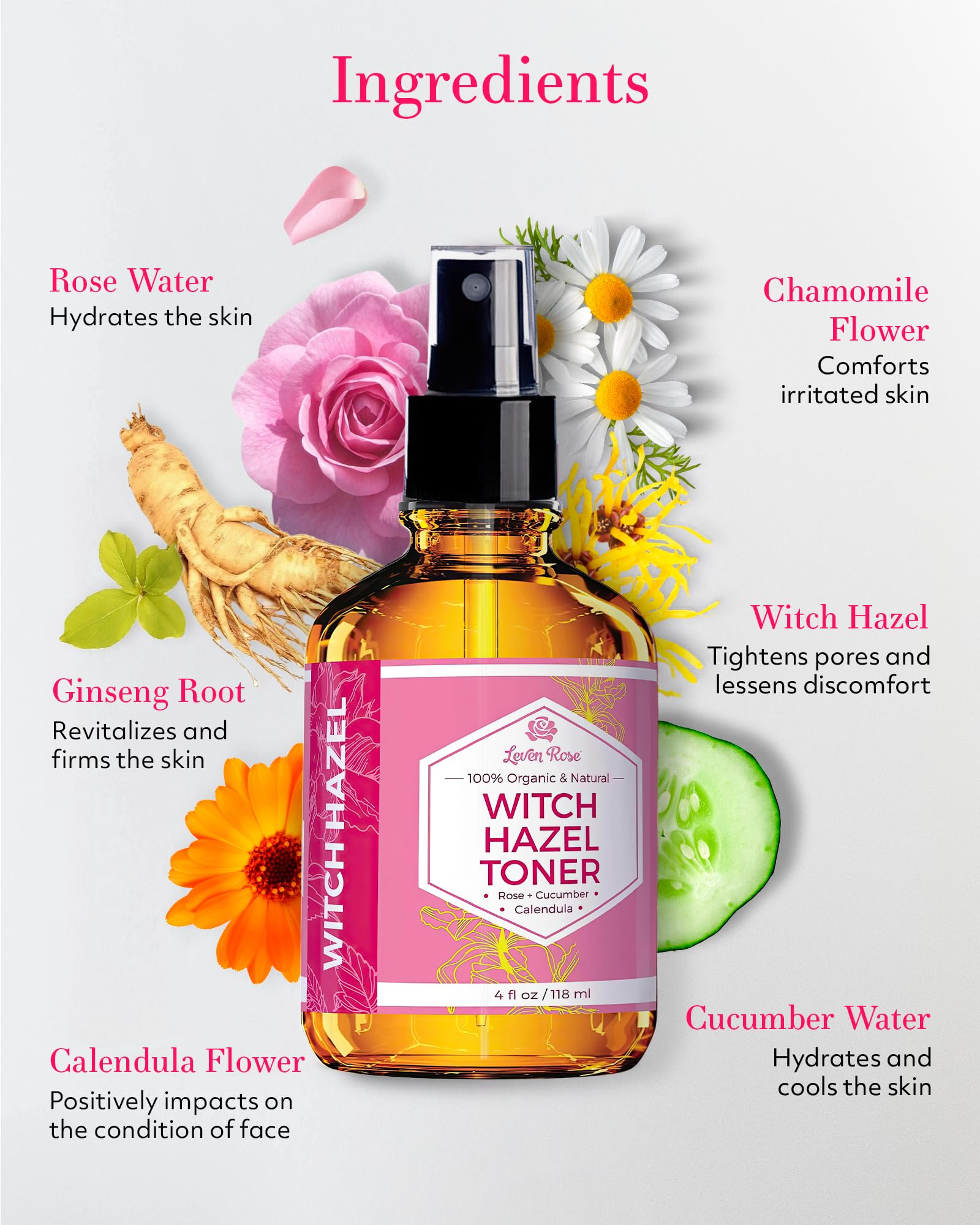 Witch Hazel Alcohol Free Toner by Leven Rose, 100% Pure Organic Facial Rose Water with Rose Petals, Calendula, Cucumber, and Chamomile Flower 4 oz