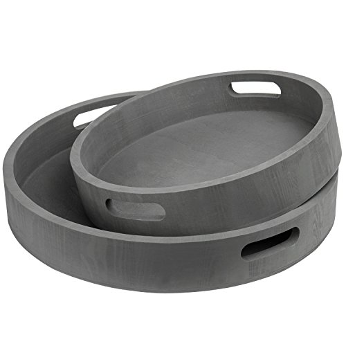 MyGift Rustic Charcoal Gray Wood Round Decorative Trays, 16 and 12 Inch Nesting Serving Trays, Set of 2