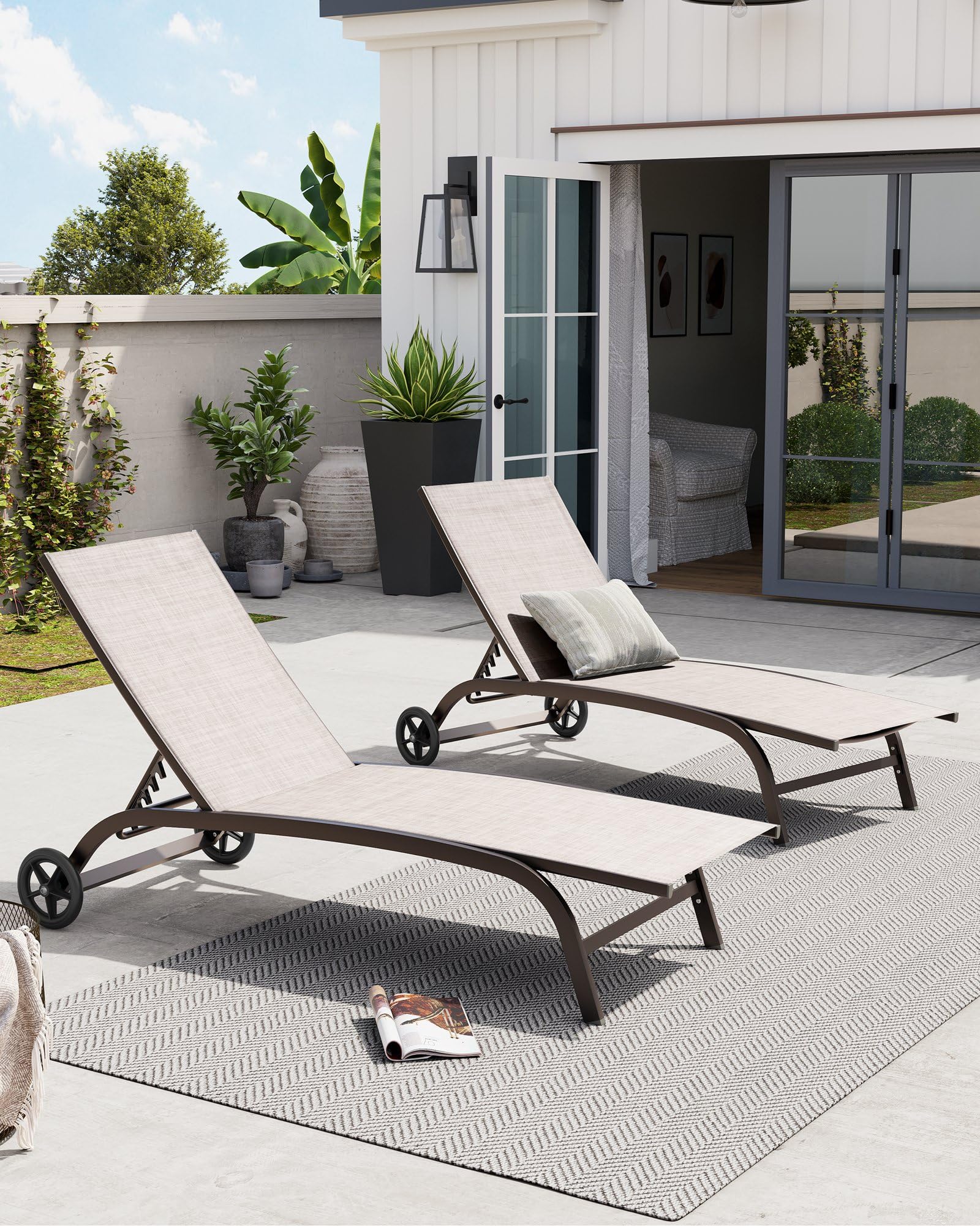 Crestlive Products Aluminum Chaise Lounge Chairs with Wheels Outdoor Adjustable Recliner Five-Position and Full Flat All Weather for Patio, Beach, Yard, Pool (2PCS Beige)