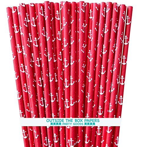 Anchor Nautical Themed Paper Straws - Red and White - 7.75 Inches - 100 Pack - Outside the Box Papers Brand