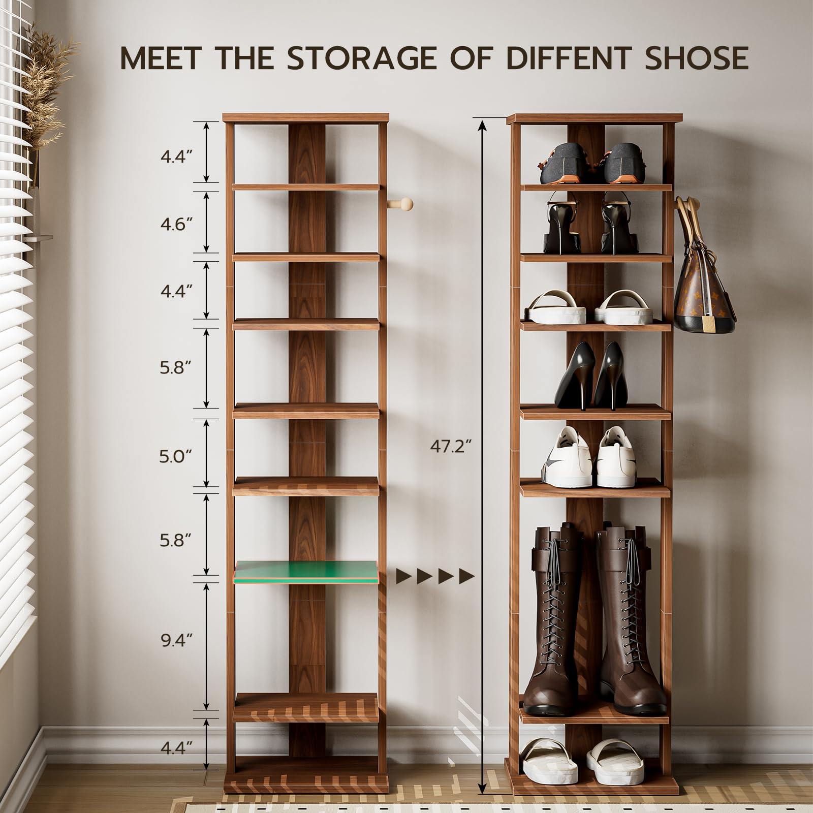 XBurmo Vertical Shoe Rack,9 Tier Shoe Storage Organizer with Hooks,Tall Shoe Tower,Slim Standing Shoe Shelf,Wooden Cubby Shoe Storage for Entryway/Small Spaces/Closet/Corner(walnut)
