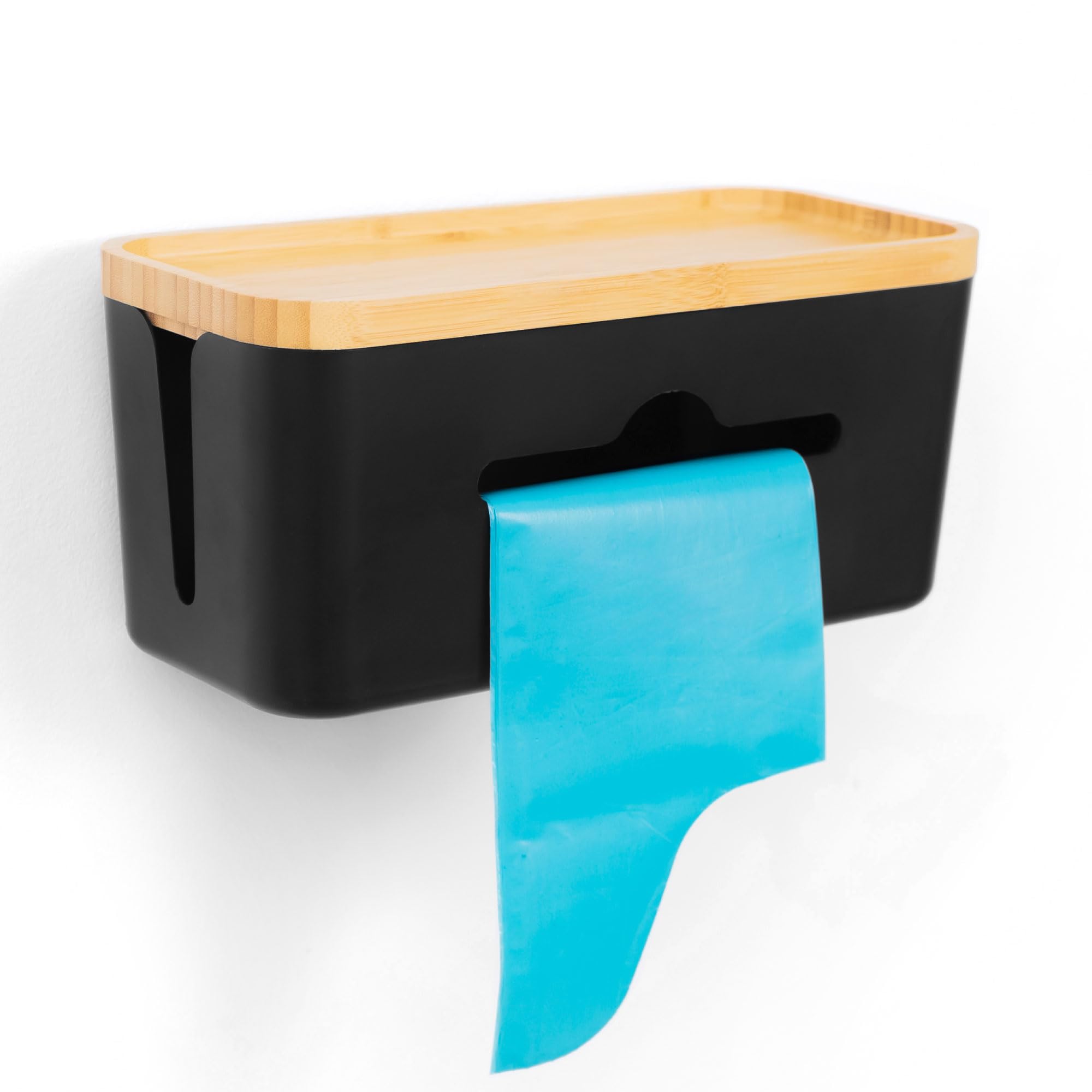 BAGSWAY Trash Bag Holder with Wooden Lid - Wall-Mounted Bag Dispenser with Metal Hook & Sticker to Hang - Versatile Organization for Countertop - Trash Bag Dispenser for Clean and Tidy Spaces