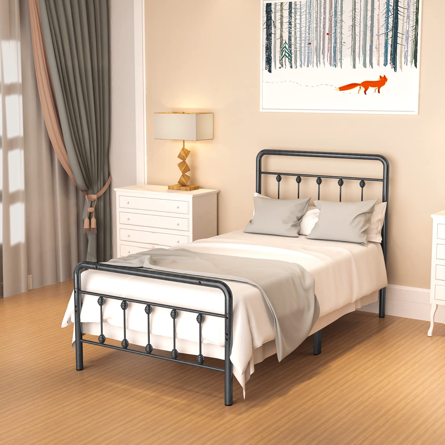 Noillats Metal Bed Frame Twin Size with Vintage Headboard and Footboard, Premium Stable Steel Slat Support Mattress Foundation, No Box Spring Needed and Easy Assembly, Dark Grey