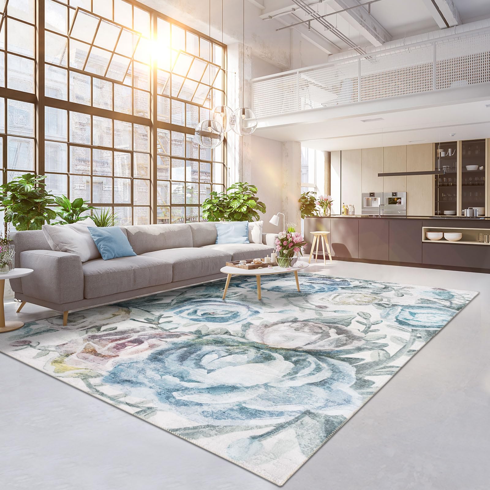 DECOMALL Jasmine Washable Area Rugs 9x12ft, Colorful Modern Floral Non Slip Rug, Soft and Thin Large Carpet for Living Room Bedroom,9x12ft Blue/Multi