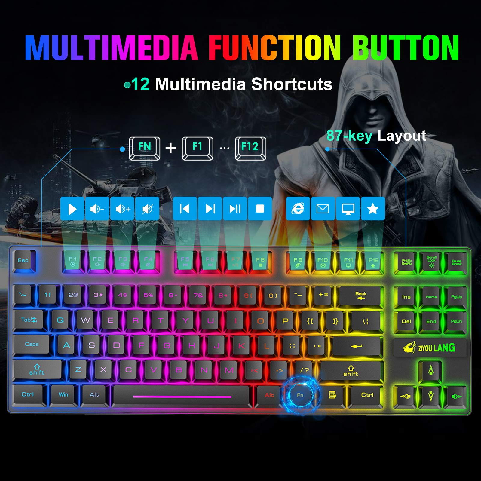 ZIYOU LANG Wireless Gaming Keyboard Mouse and Wired Headphone with Ergonomic 87Key Rainbow Backlight Rechargeable 3800mAh Battery Mechanical Anti-ghosting Mouse pad for PC Laptop Gamer Typist(Black)