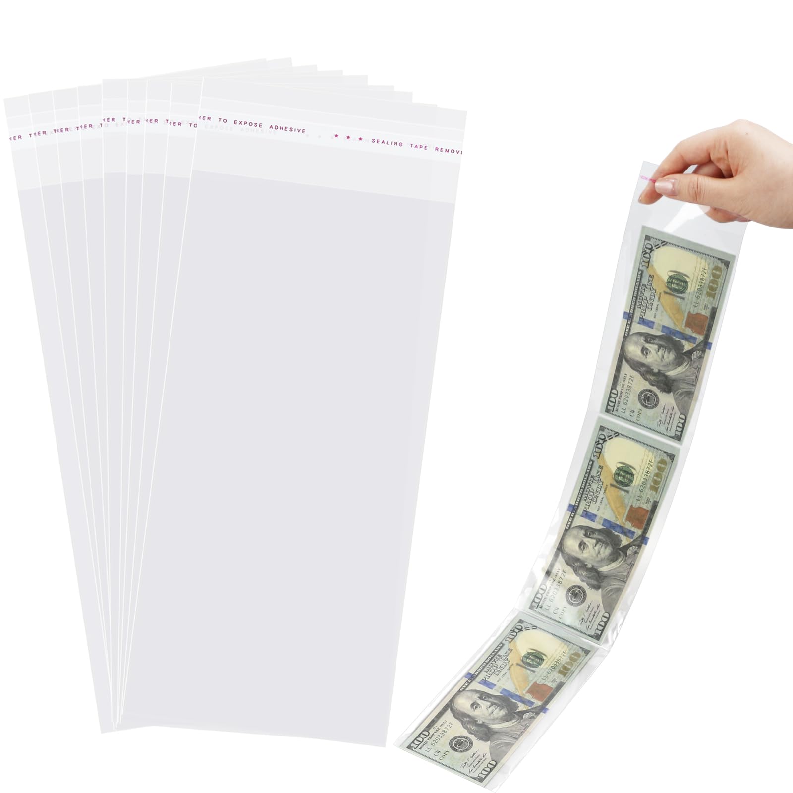 Miraclekoo 100Pcs Cake Money Box Transparent Bags 3.1X6.7in Clear Self Sealing Cellophane Bags Resealable Cello Poly Bags Money Sleeves for Birthday Wedding Party Decoration