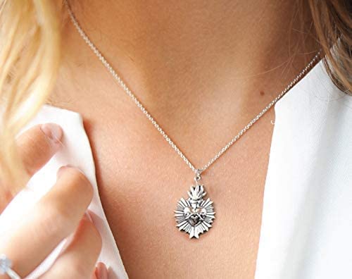 A Charmed Impression Sacred Flaming Heart with Thorns Charm Necklace • Solid Sterling Silver Heart • God's Love • Jesus Love Pendant Necklace
